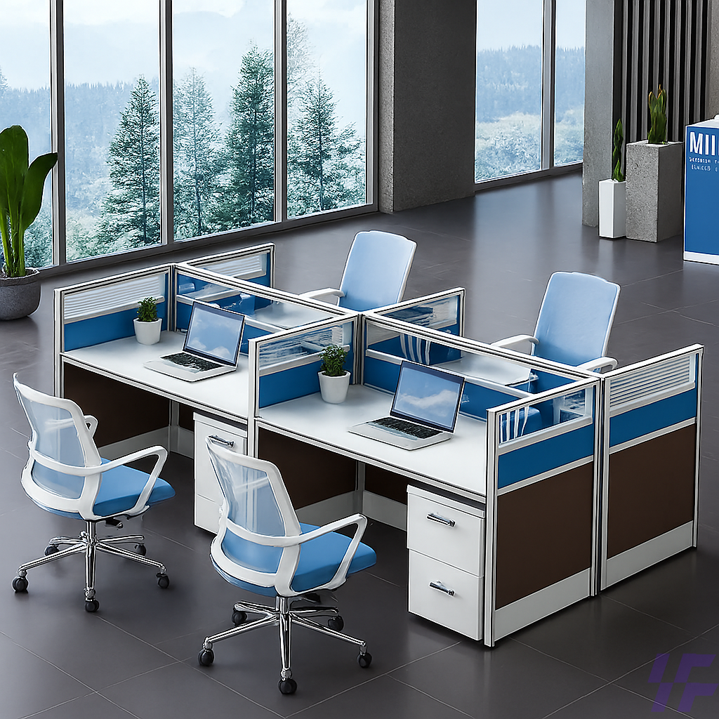 White Blue 4 Way Workstation - Intercom Furniture